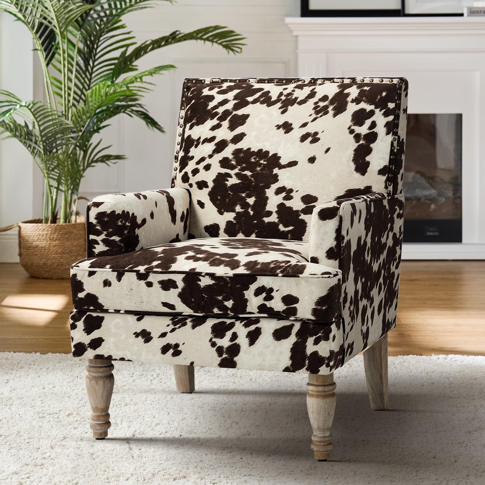 Home Upholstered Armchair Cowhide Accent Chair Turned Wooden Legs with ...
