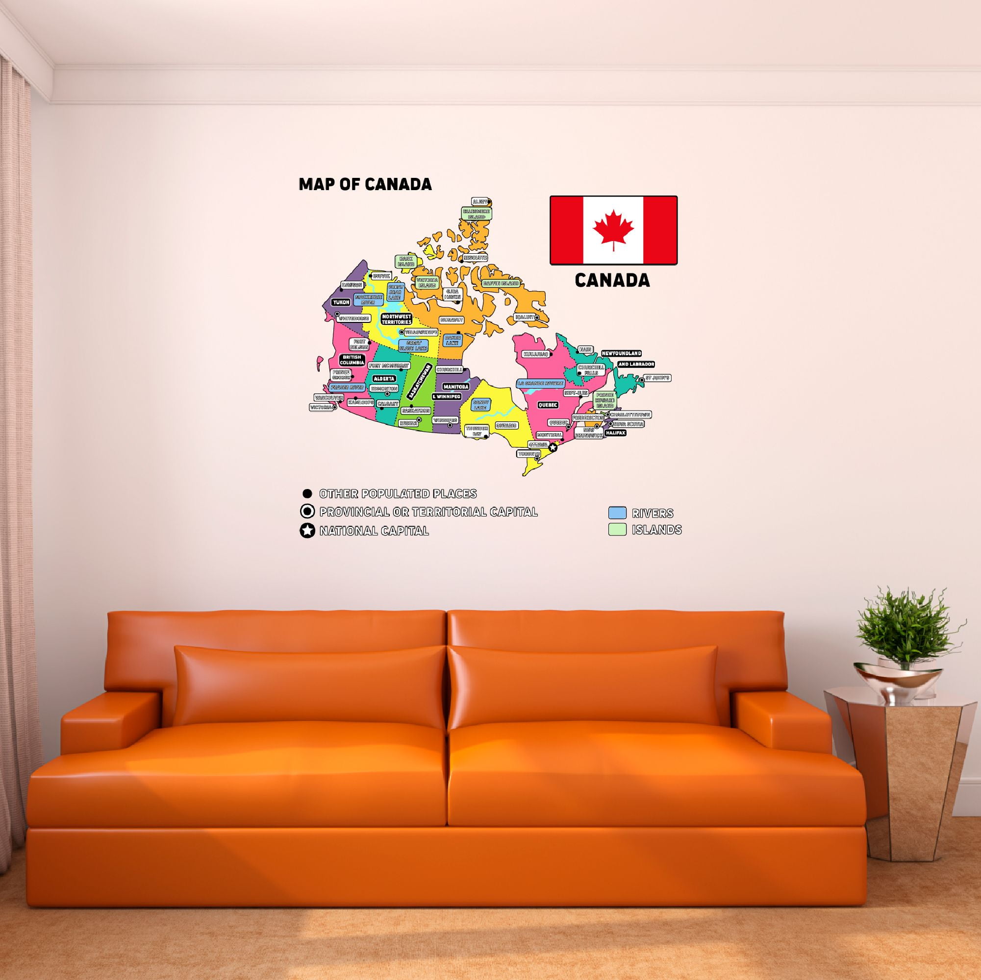 Home Wall Decal - Map of Canada - Vibrant Map Design Coloured ...