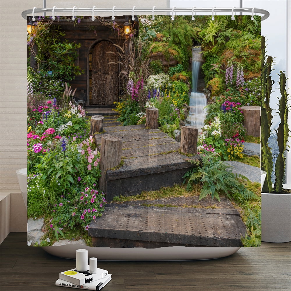 Home Wall r Shower Curtain 3D European Building Gard Flowers Patio ...