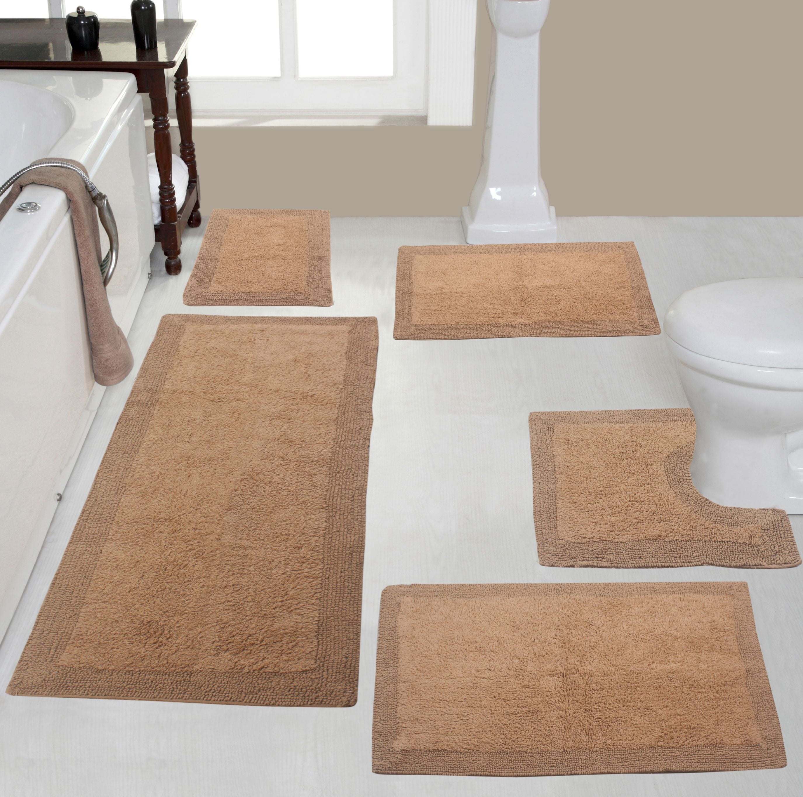 Home Weavers Luxury Collection 100 Cotton Reversible Bathroom Rug Set Machine Washable Bathroom Rug Bath Rug U Shaped Contour Runner Bathroom Rug Linen Color 5 Piece Bath Carpet set Walmart