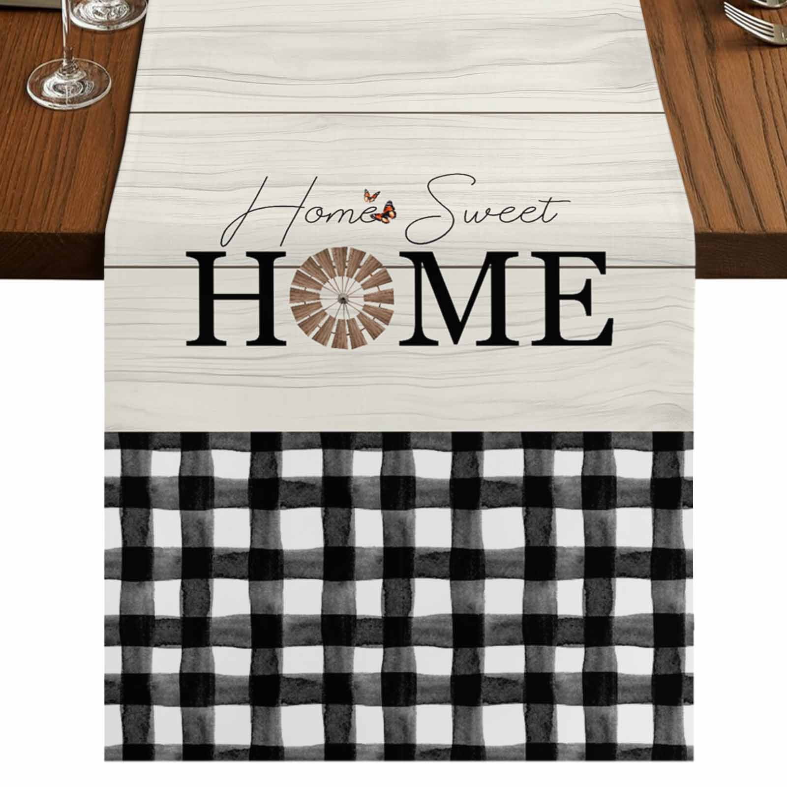Home Windmill Black Plaid 120 Inch Table Runner, Beige Wooden Farmhouse ...