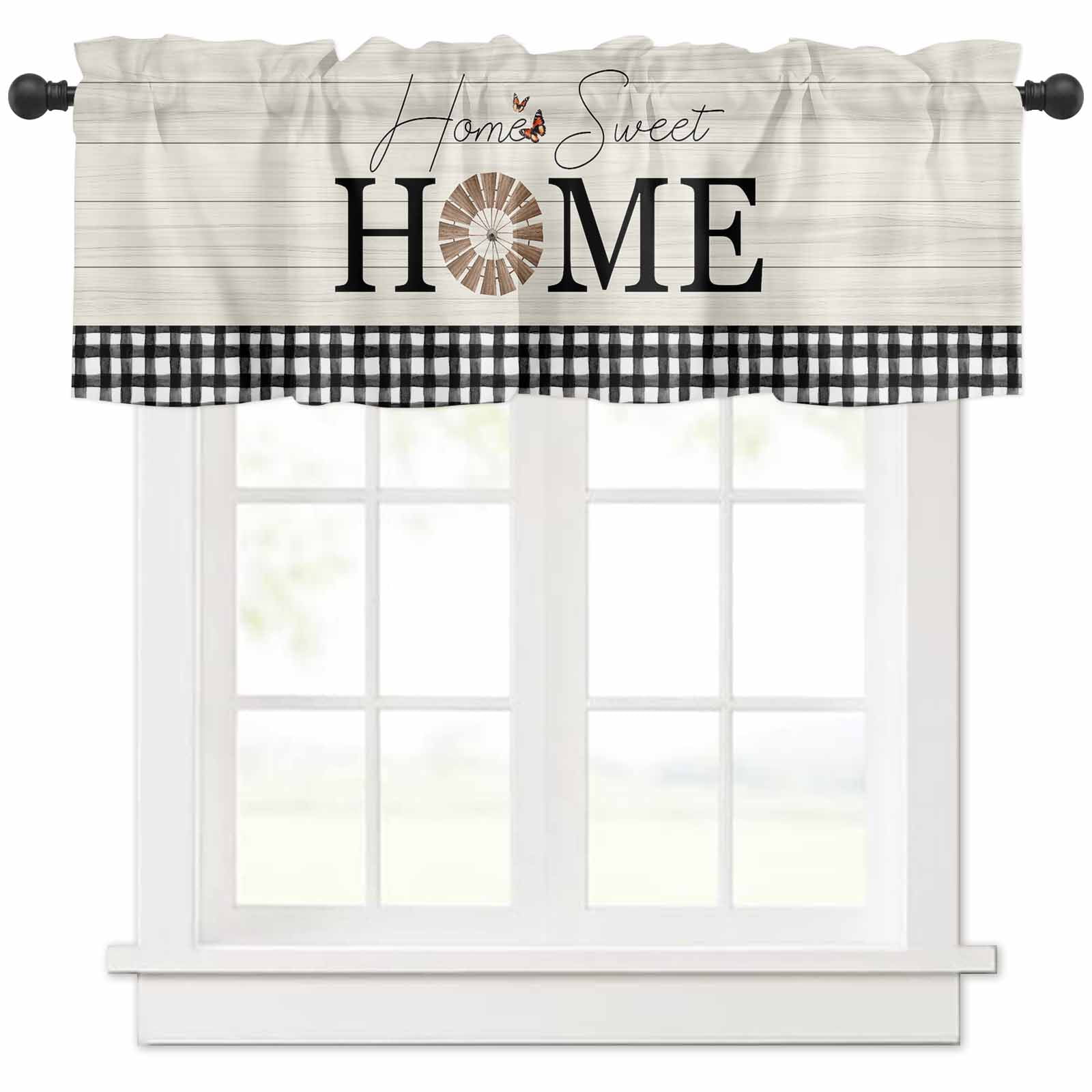 Home Windmill Black Plaid Valances for Windows Farmhouse Kitchen ...