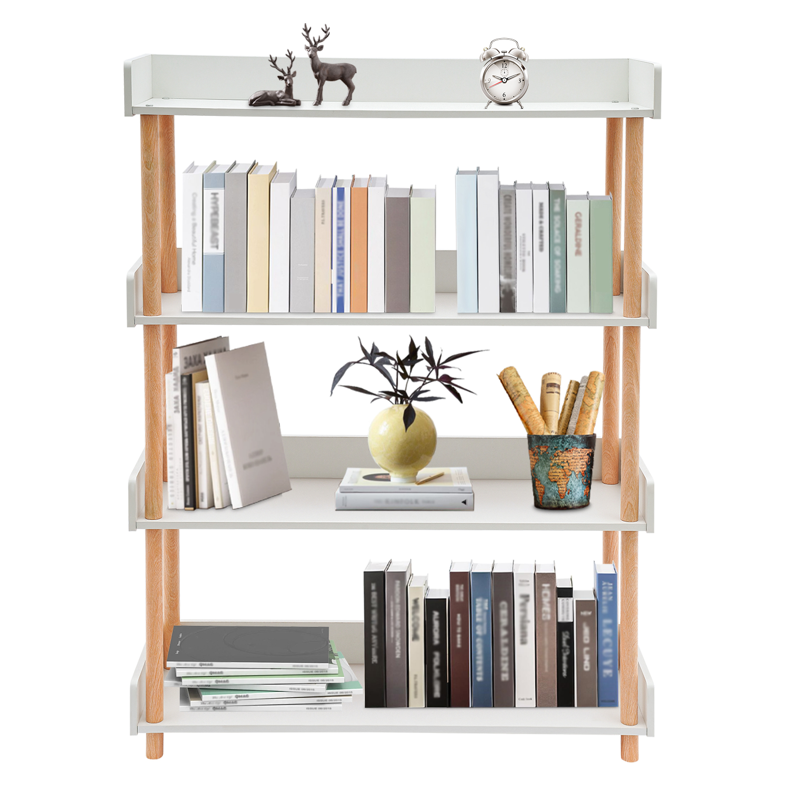 Home Wooden Bookshelf, 4-Tier Office Storage Shelf Freestanding ...