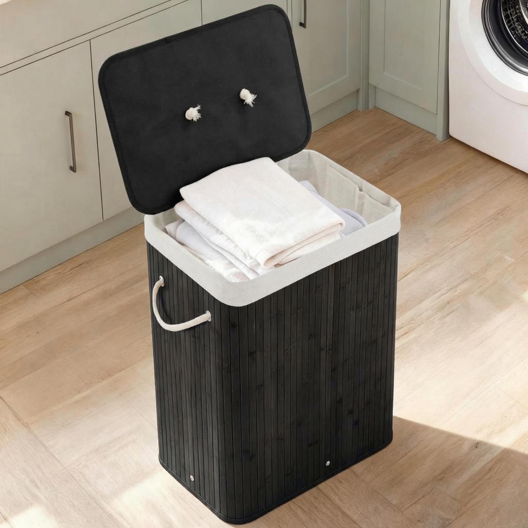 Home Wooden Folding Bamboo Laundry Hamper with Lid, 27.5 Gallon Laundry ...