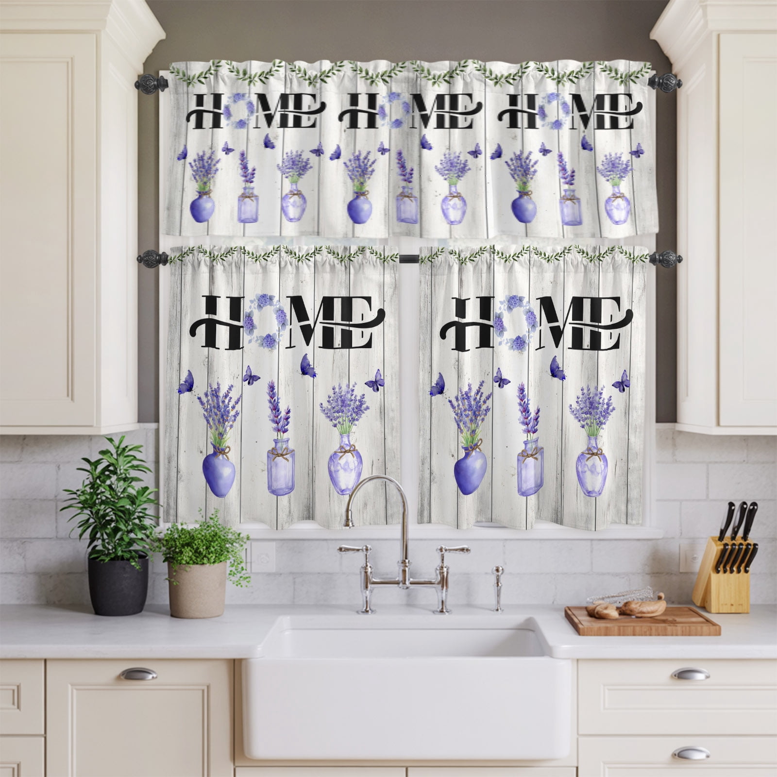 Home Words on Retro Wood Board Curtain Tier and Valance Set 3 Piece ...