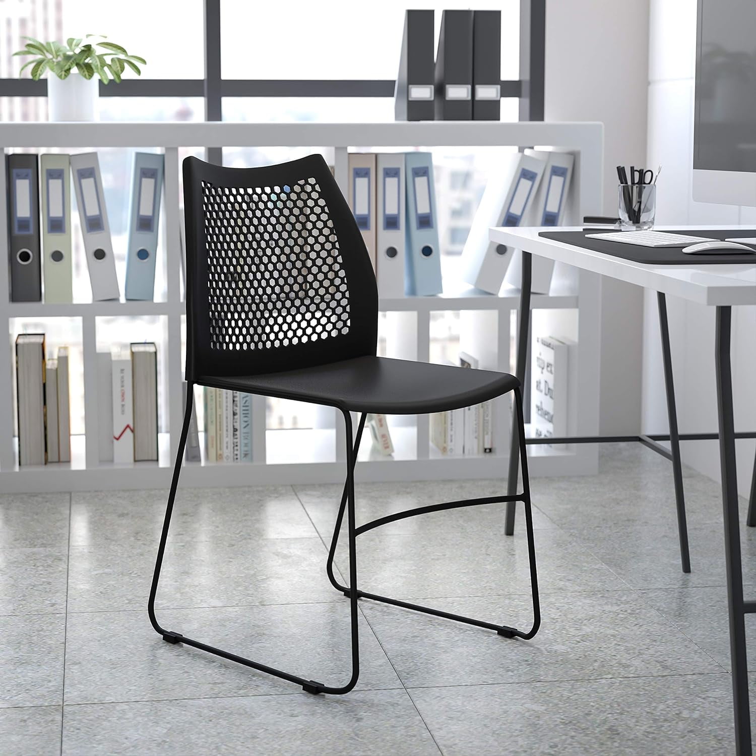 Home and Office Black Sled Base Stack Chair with Air-Vent Back - Guest ...