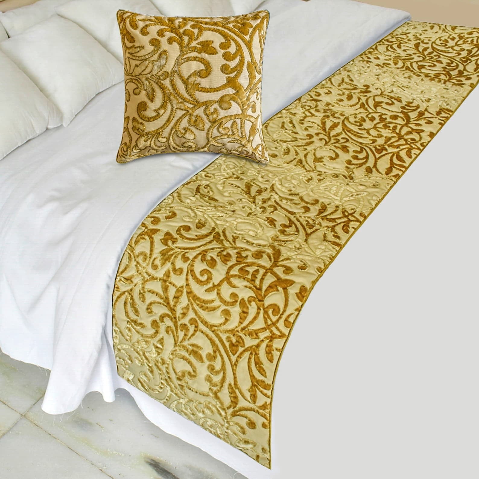 The HomeCentric King / Queen / Twin Beige Gold Decorative Bed Runner ...