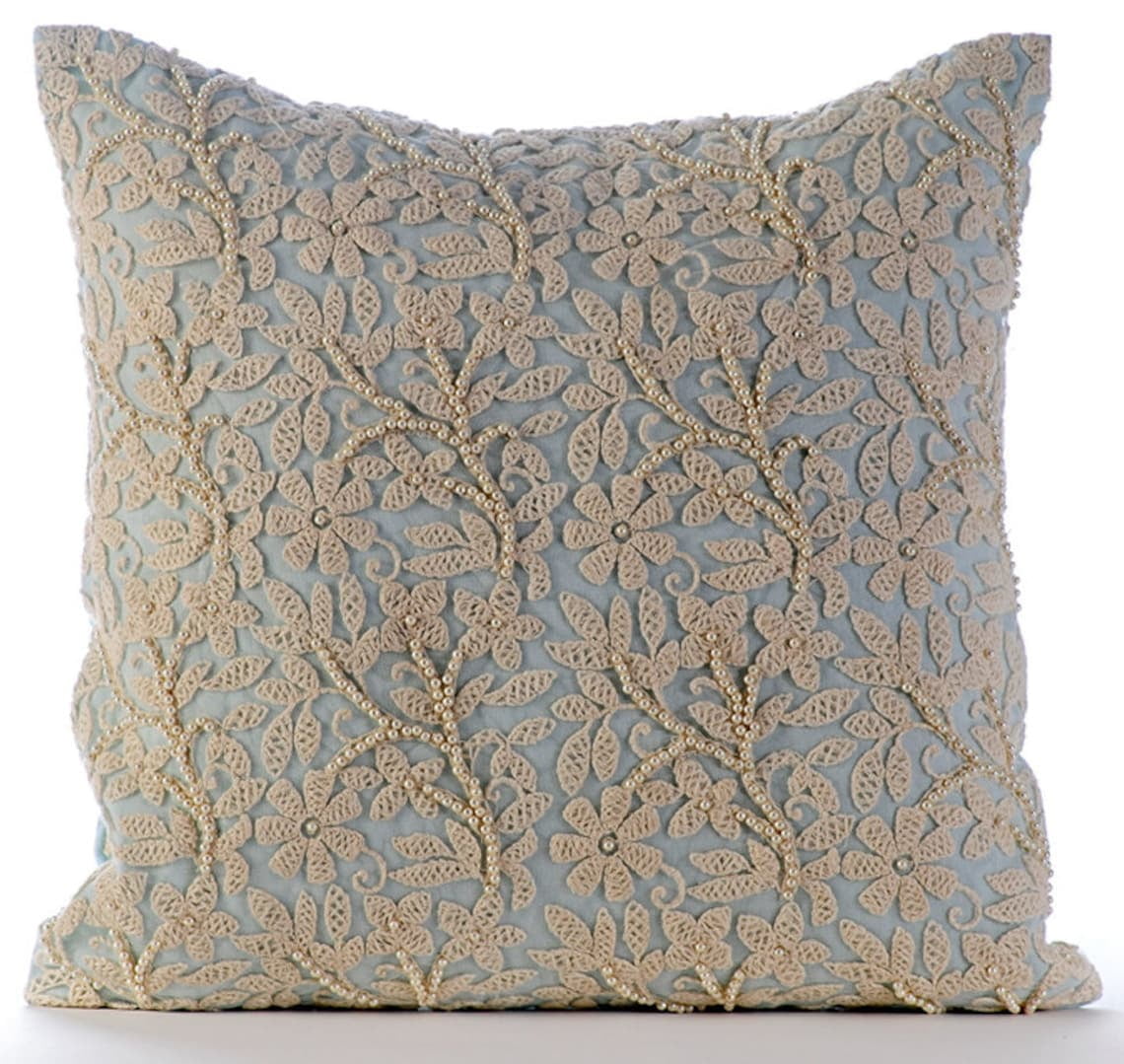 The HomeCentric Light Blue Pillow Shams, Pearls & Crochet Lace Boudoir ...