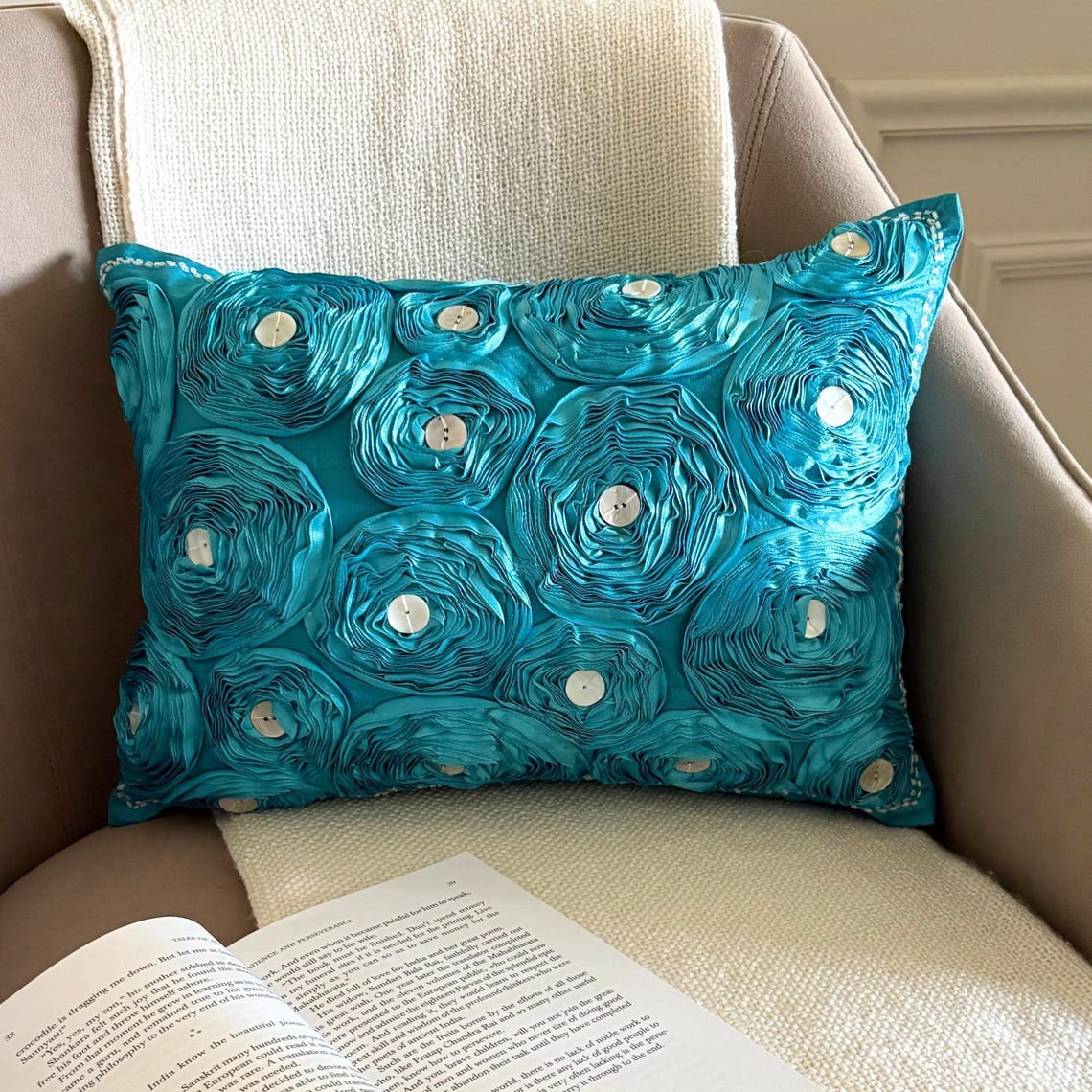 The HomeCentric Turquoise Lumbar Pillow Cover, Ribbon Aqua Rose Flowers ...