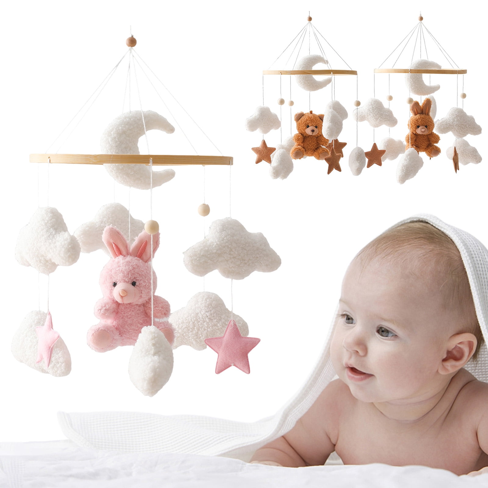 HomeCozy Baby Crib Mobile Bear Velvet Nursery Decor 360 Degree Rotated ...