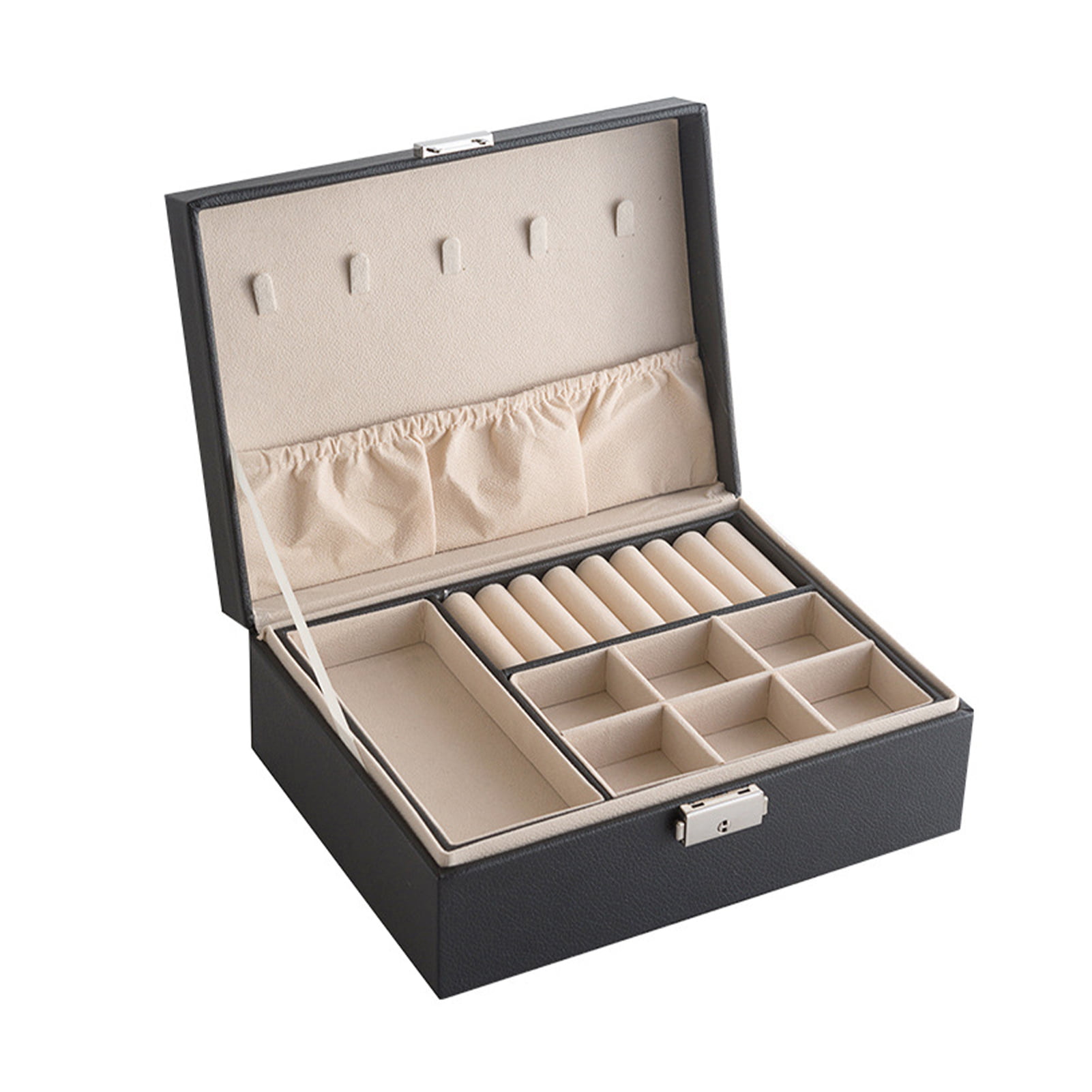 HomeCozy Double-layer Jewelry Box Safety Lock Micro Fiber Leather ...