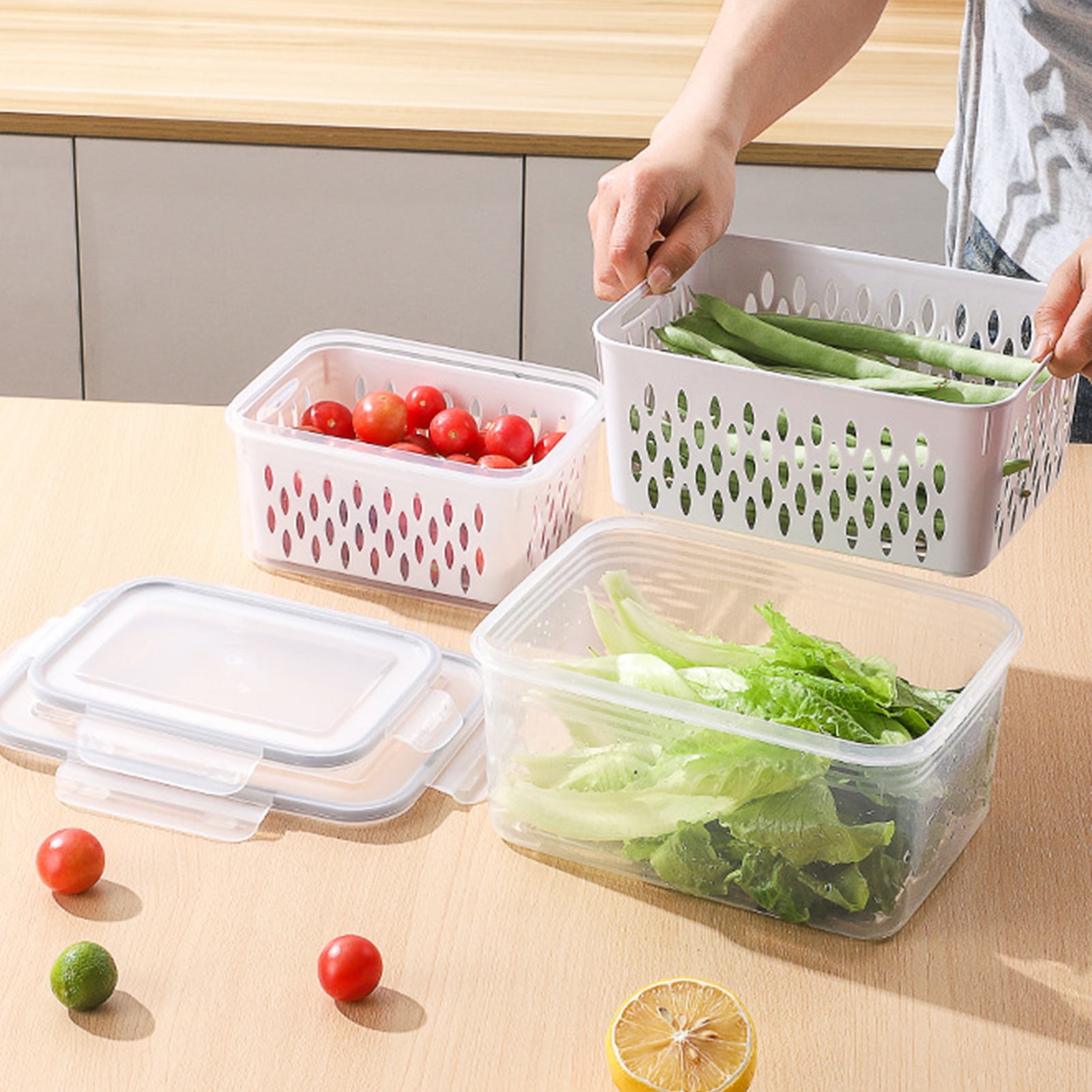 HomeCozy Produce Saver Containers with Drain Basket Food Storage Bins ...
