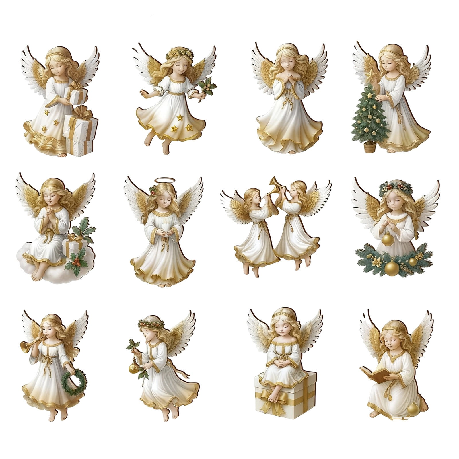 HomeDM 12 Pcs Christmas Wooden Angels Ornaments Xmas Tree Hanging ...
