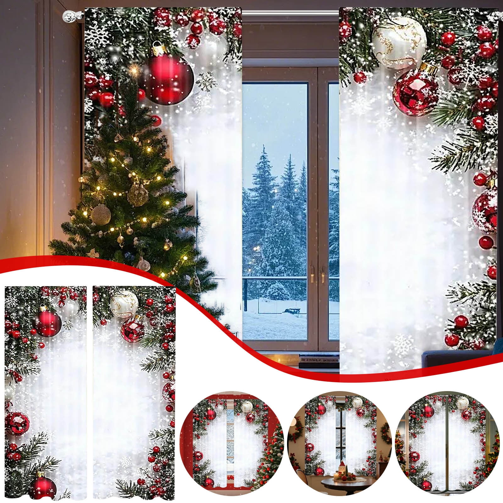 HomeDM 2 Panels Christmas Curtains for Living Room, Xmas Balls Pattern ...