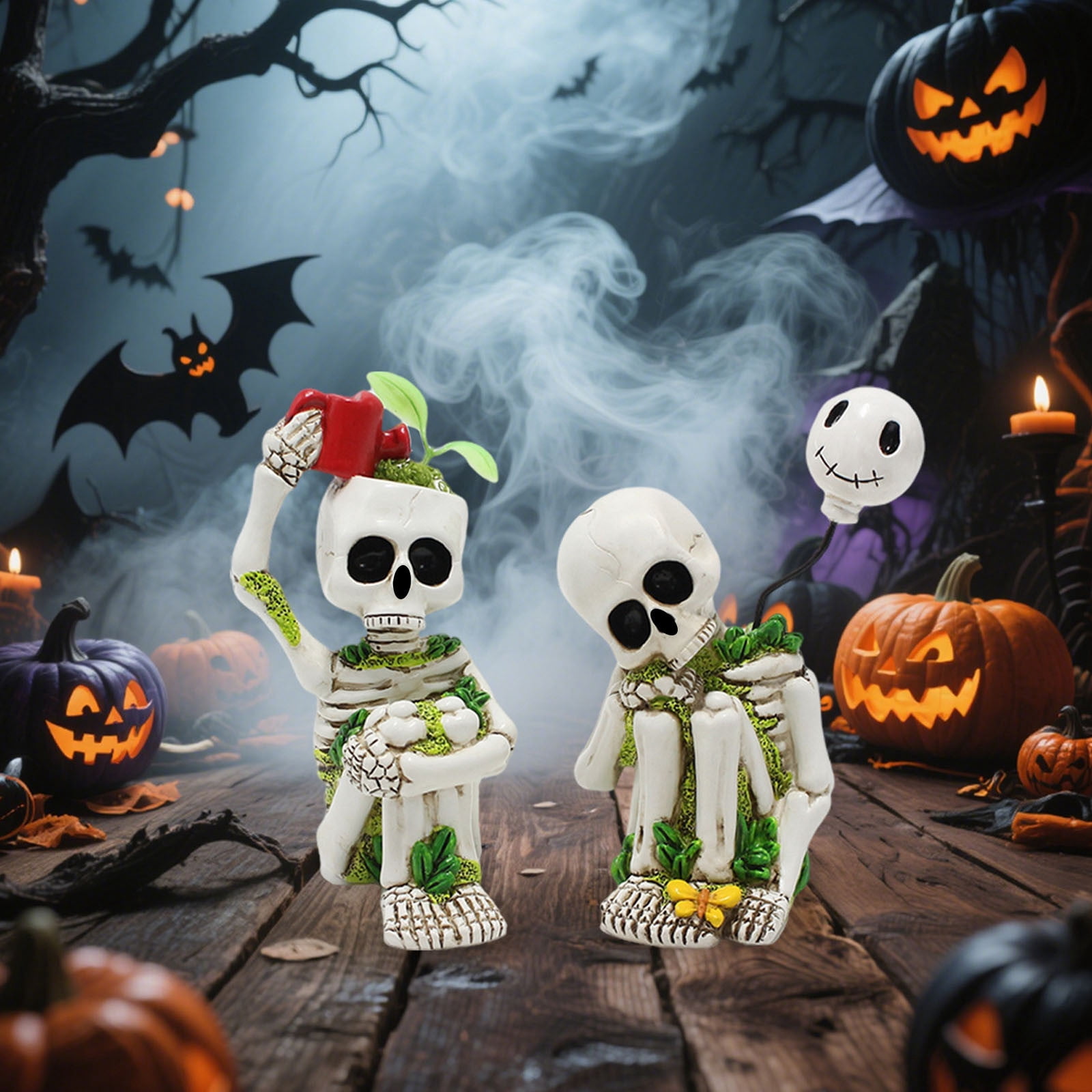HomeDM 2pcs Halloween Resin Skeletons Statue Cute Ghost Figurine Gothic ...