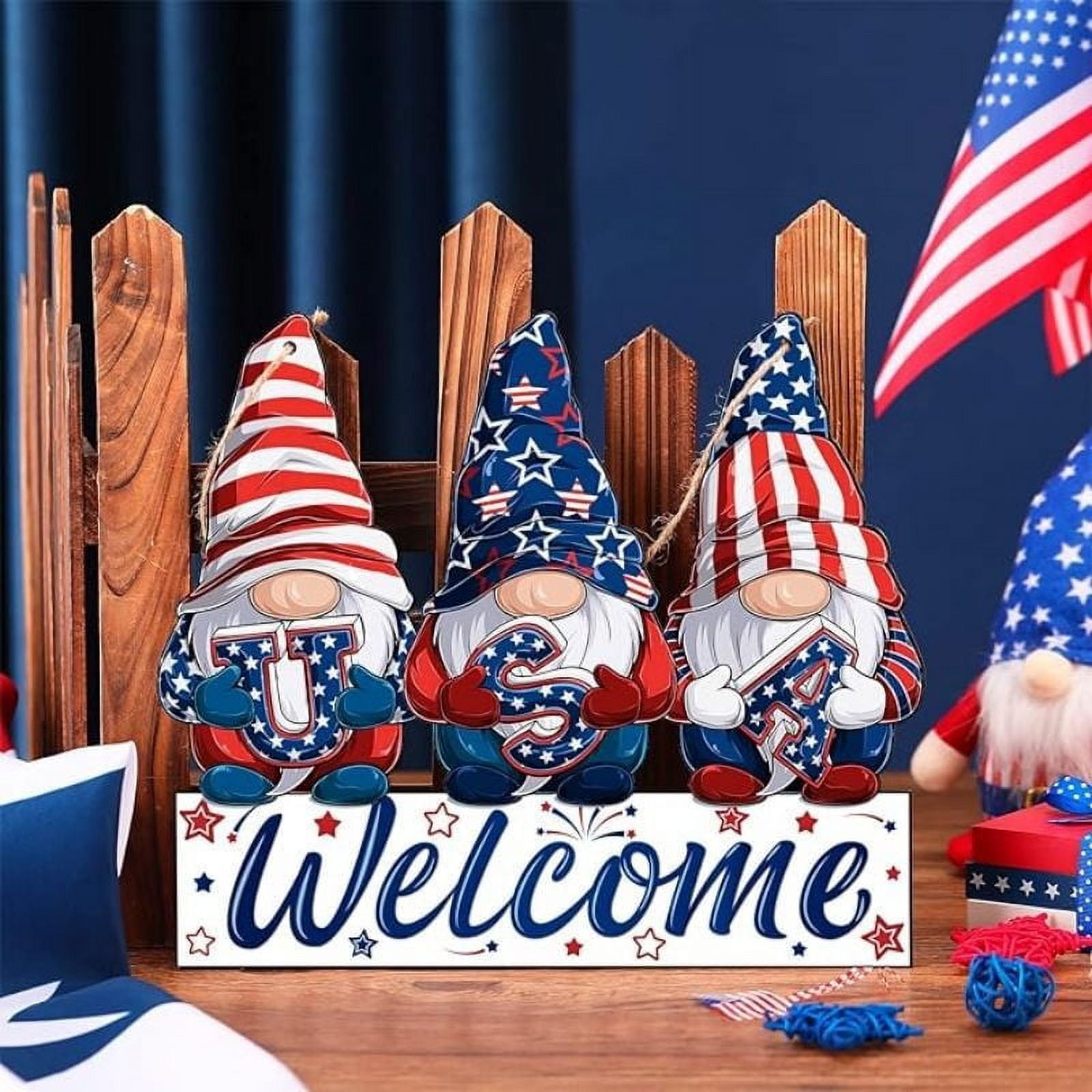 HomeDM 4th of July Welcome Sign Decorations Patriotic Gnomes Wooden ...