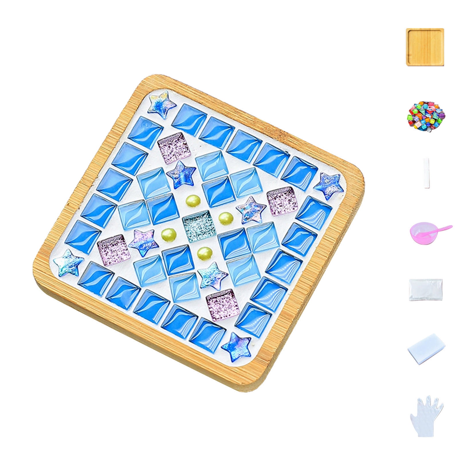HomeDM Glass Mosaic Tiles Mosaic Kit with Bamboo Coaster DIY Mosaic ...