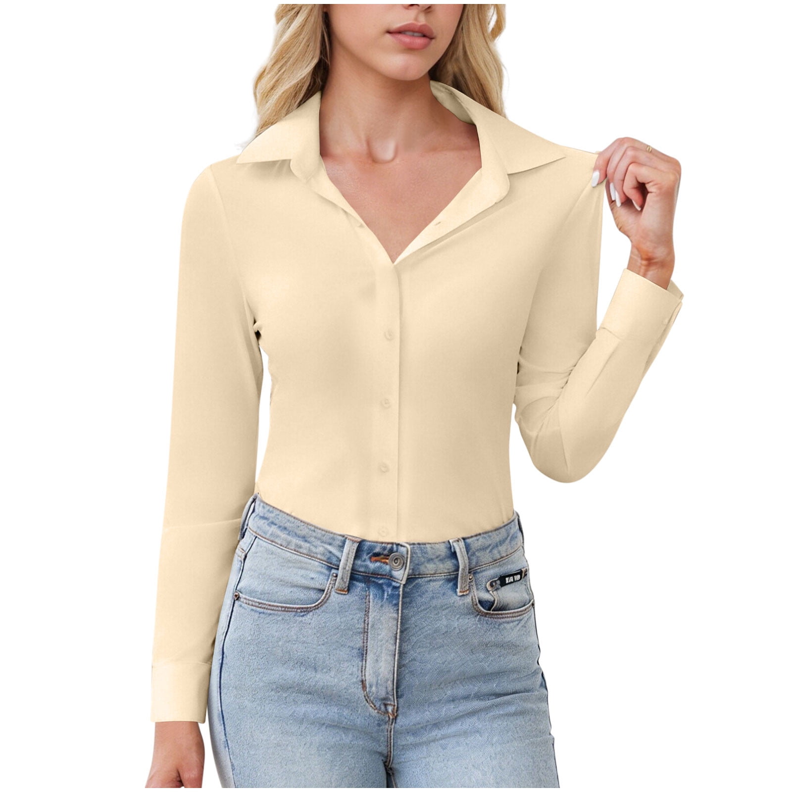 HomeDM Long Sleeve Button Down Shirts for Women, Slim Fit Stretch Dress ...