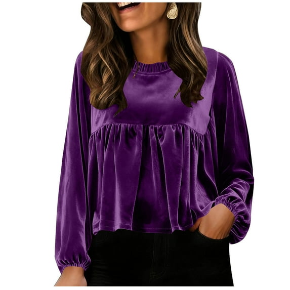 HomeDM Long Sleeve Velvet Shirts for Women, Ruffle Crew Neck Blouse ...