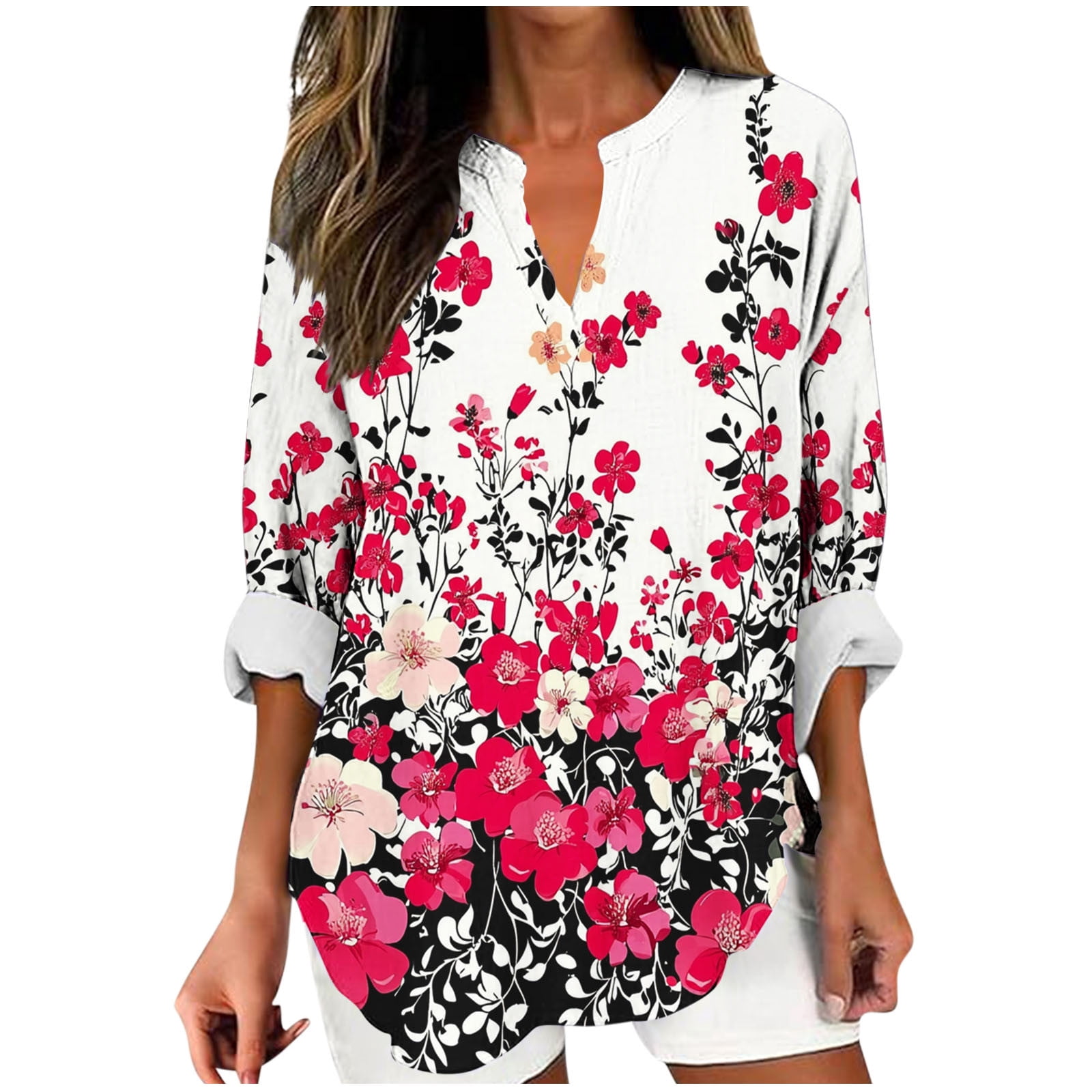 HomeDM Long Sleeve Womens Tops V-Neck Trendy Floral Tunic Tops Casual ...