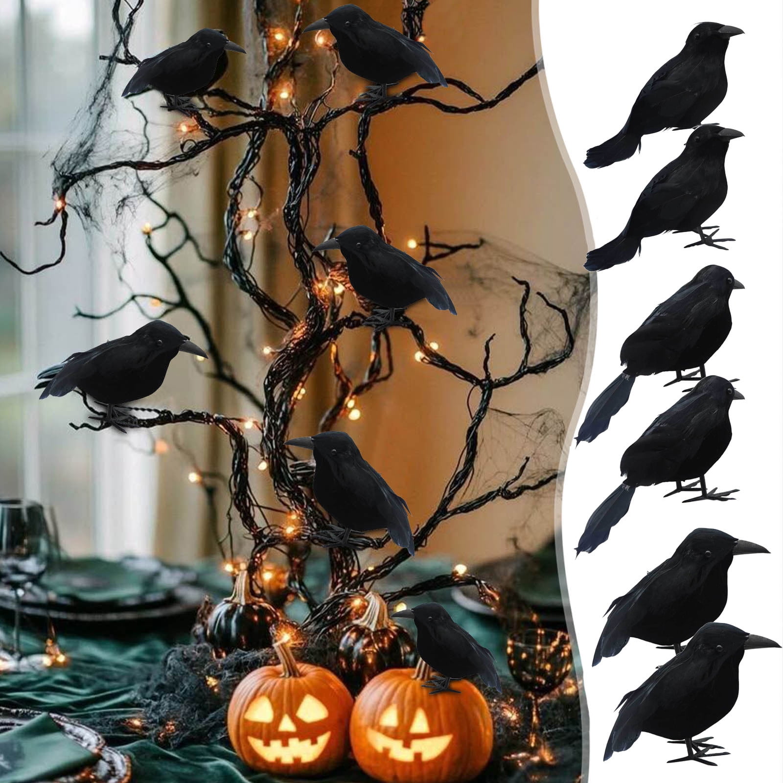 HomeDM Pack of 6 Halloween Black Crows, Fake Black Birds Crows ...