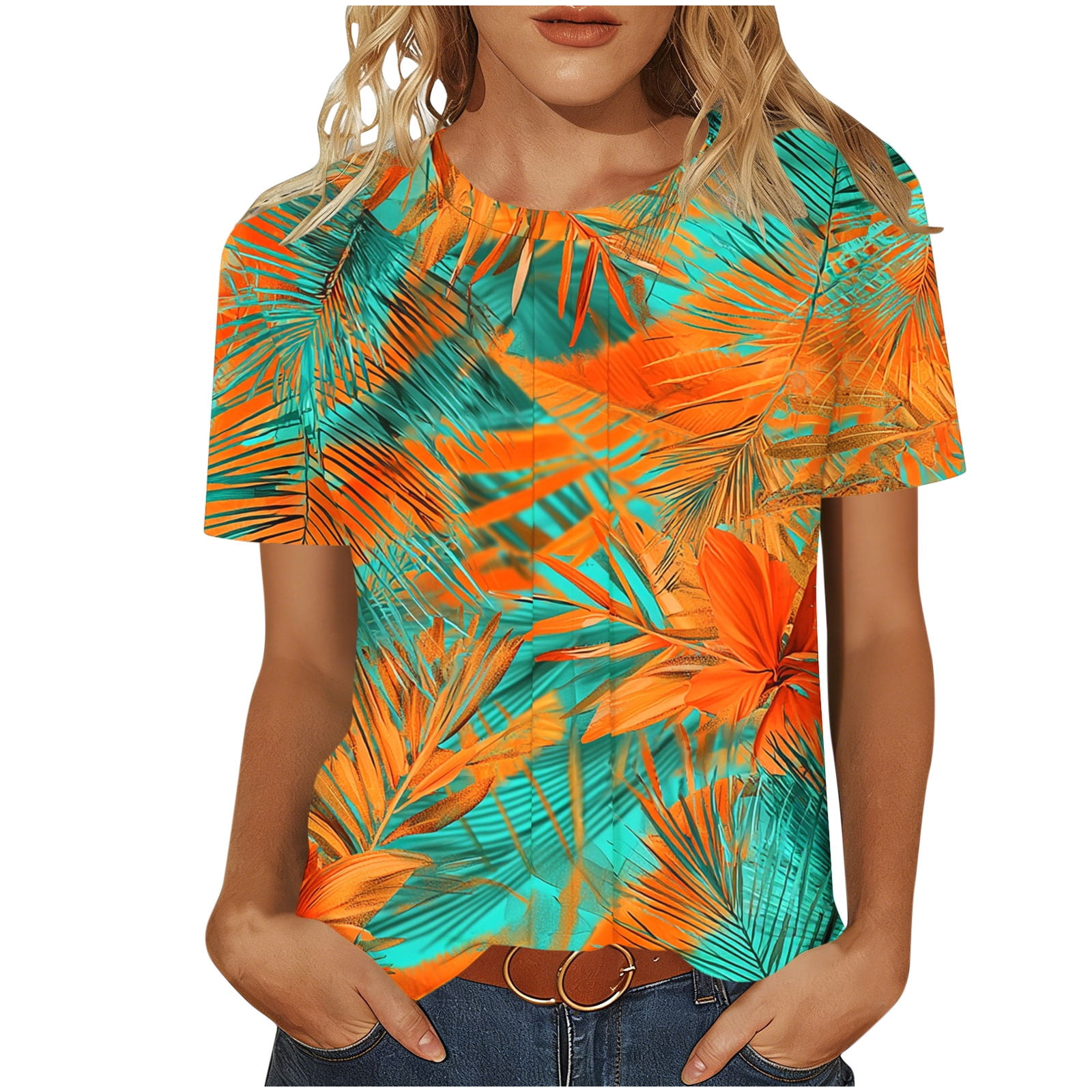 HomeDM Short Sleeve Shirts for Women Floral Crew Neck Casual Summer ...