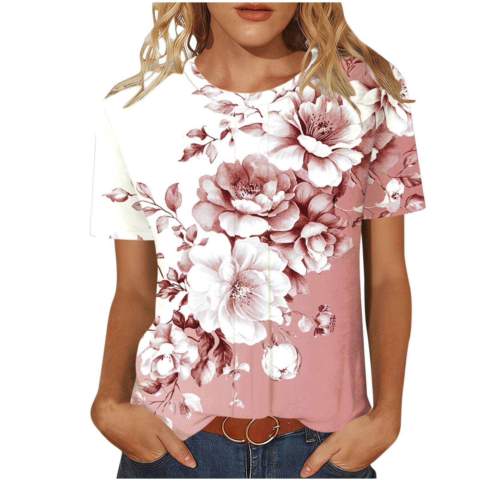 HomeDM Short Sleeve Shirts for Women Floral Crew Neck Casual Summer ...