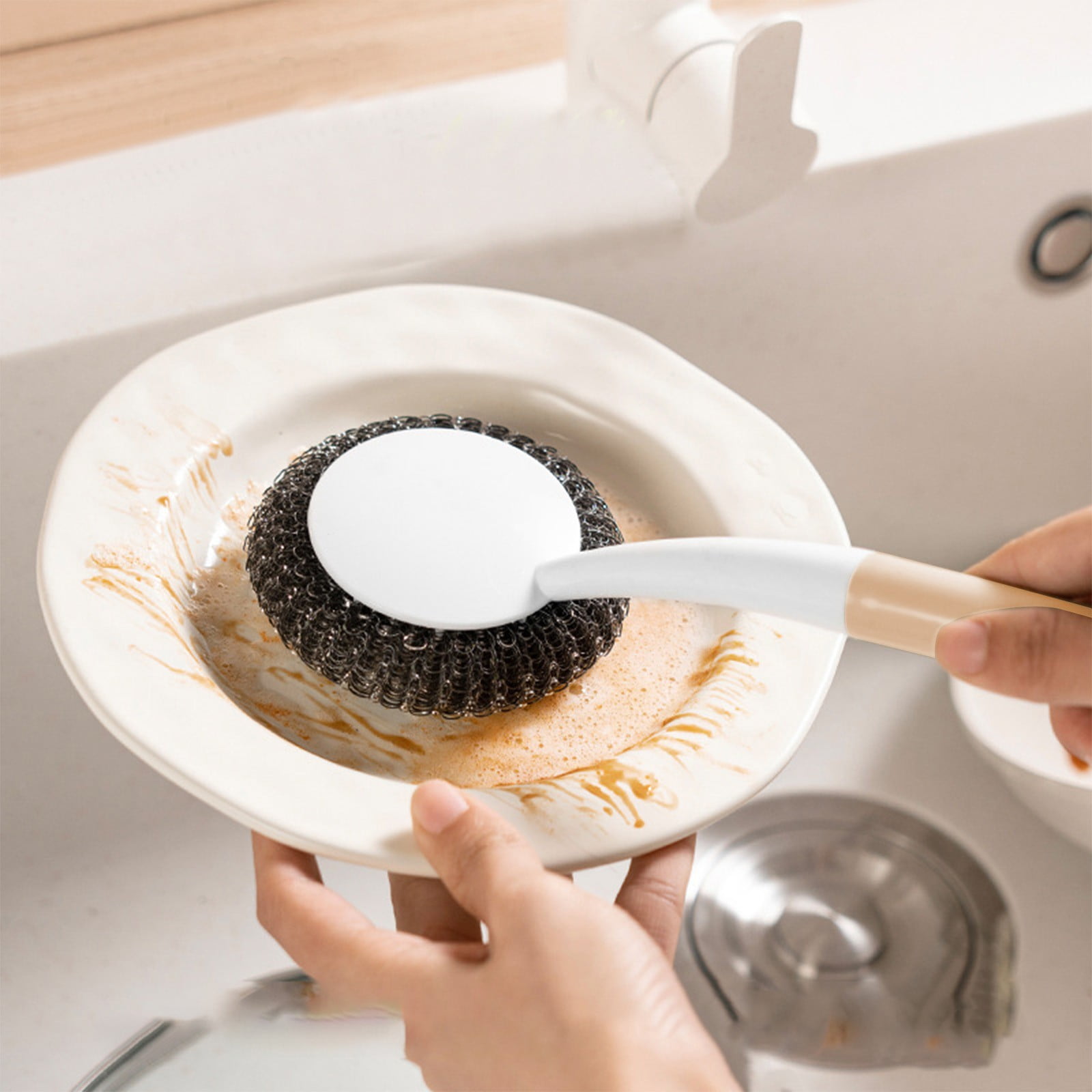 HomeDM Stainless Steel Wool Brush Dish Scrubber with Handle Steel ...