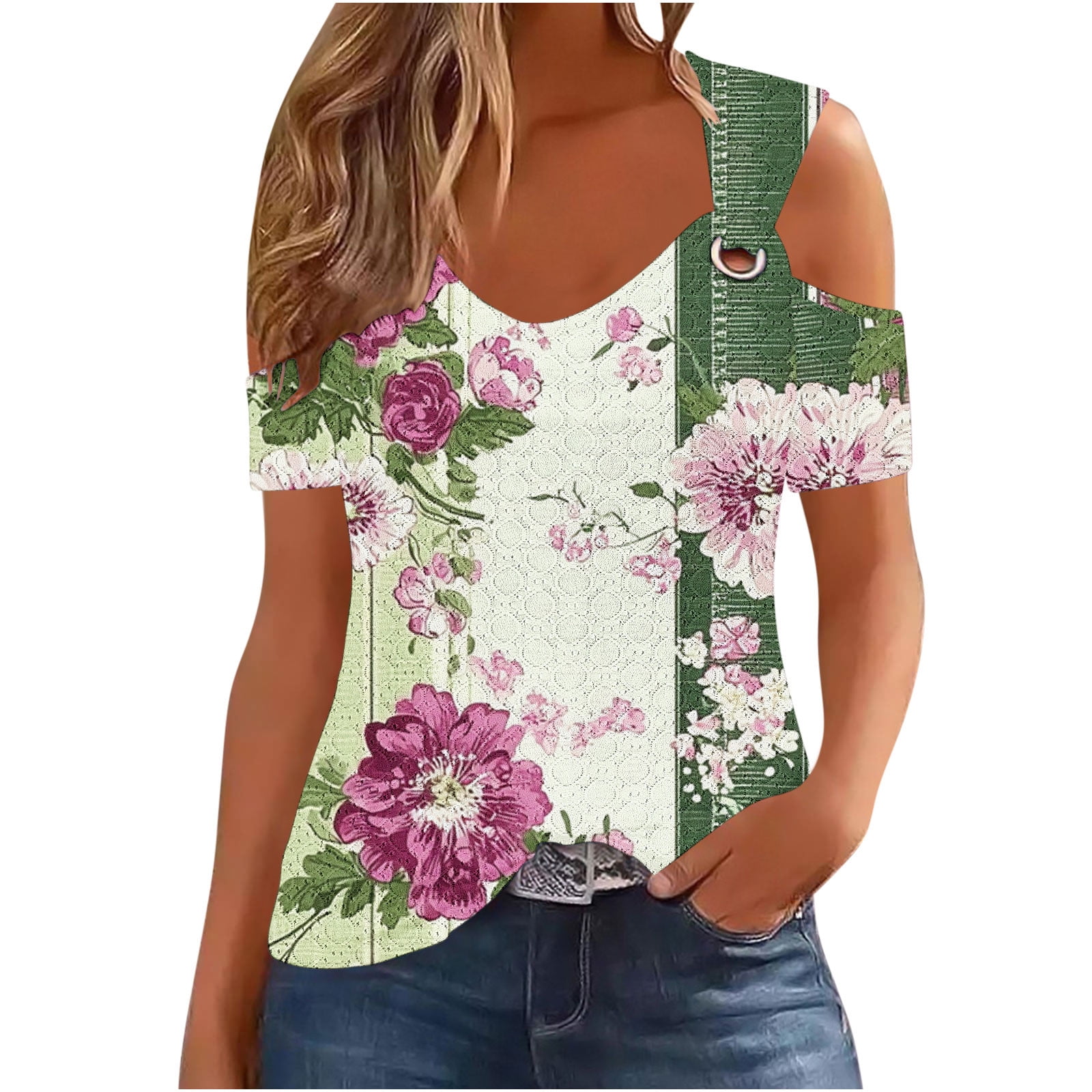 HomeDM Women's Cold Shoulder Shirts V Neck Short Sleeve T-Shirts Casual ...