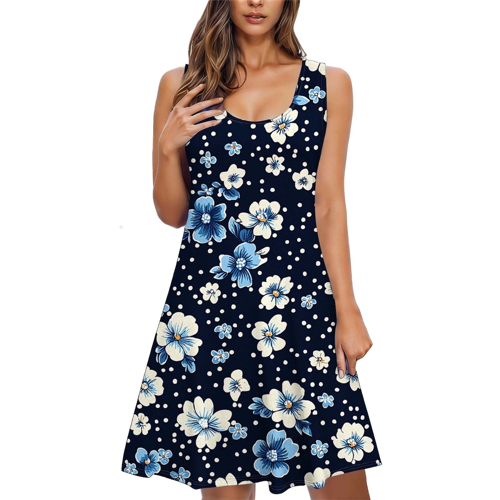HomeDM Women's Dress Crew Neck Sleeveless Summer Floral Tank Sundress ...