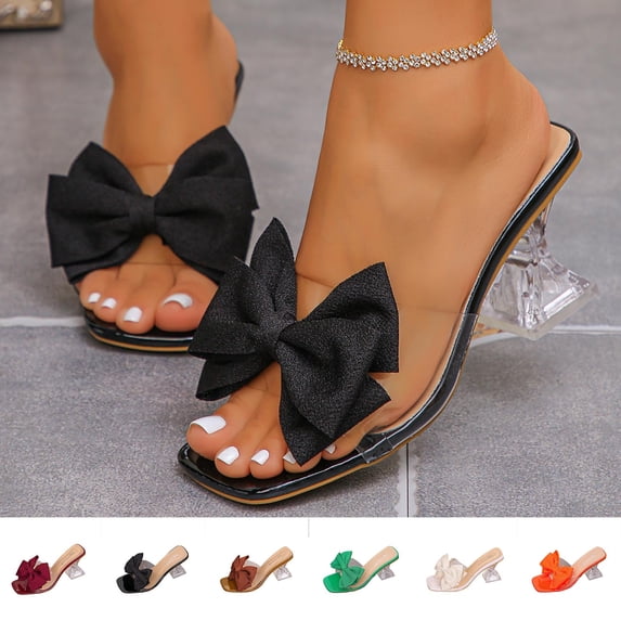 HomeDM Womens Clear Block Heels Slides Sandals Dressy Bowknot Square ...
