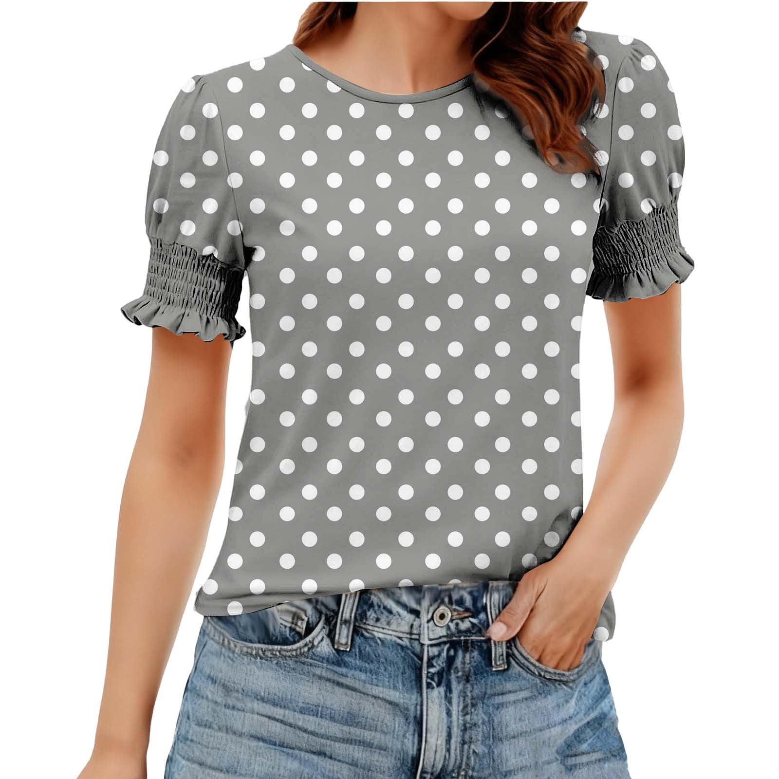 HomeDM Womens T-Shirts Short Sleeve with Smocked Cuff Crew Neck Polka ...