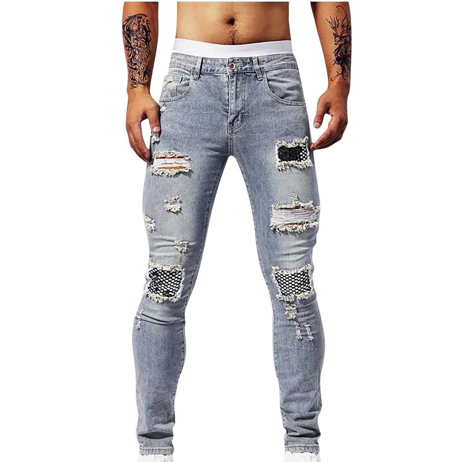HomeGardon Jean Pants for Men Casual Fashion Perforated Patch Bright ...