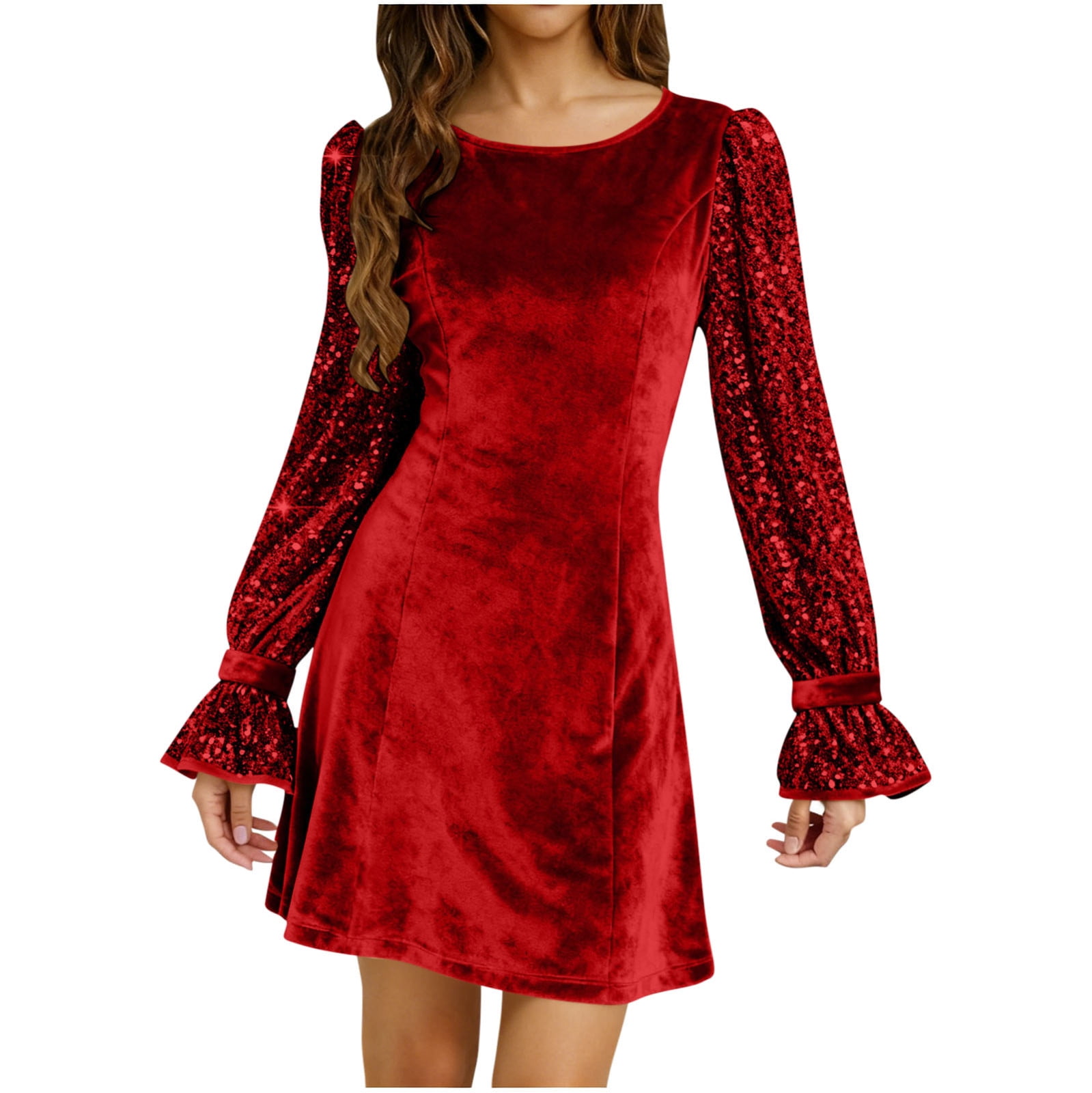 HomeGardon Long Sleeve Dresses Sweater Dress Velvet Dress Sequin Puff ...
