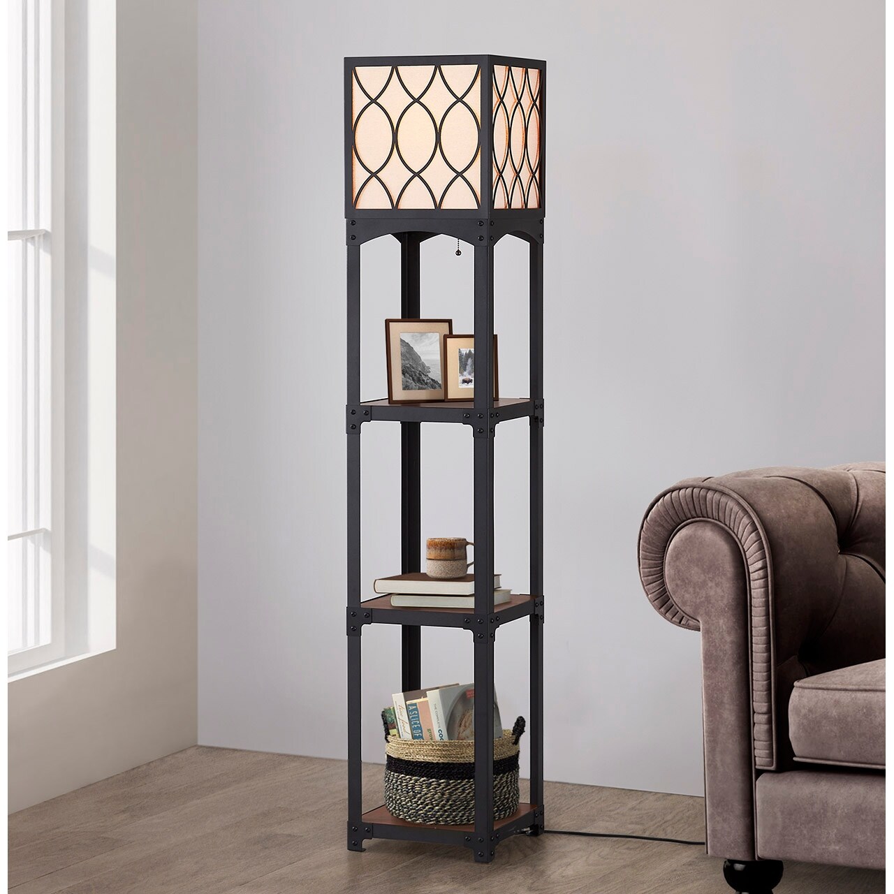 HomeGlam 64"H Vintage Iron with Wood Shelves and Laser Cut Metal Shade ...
