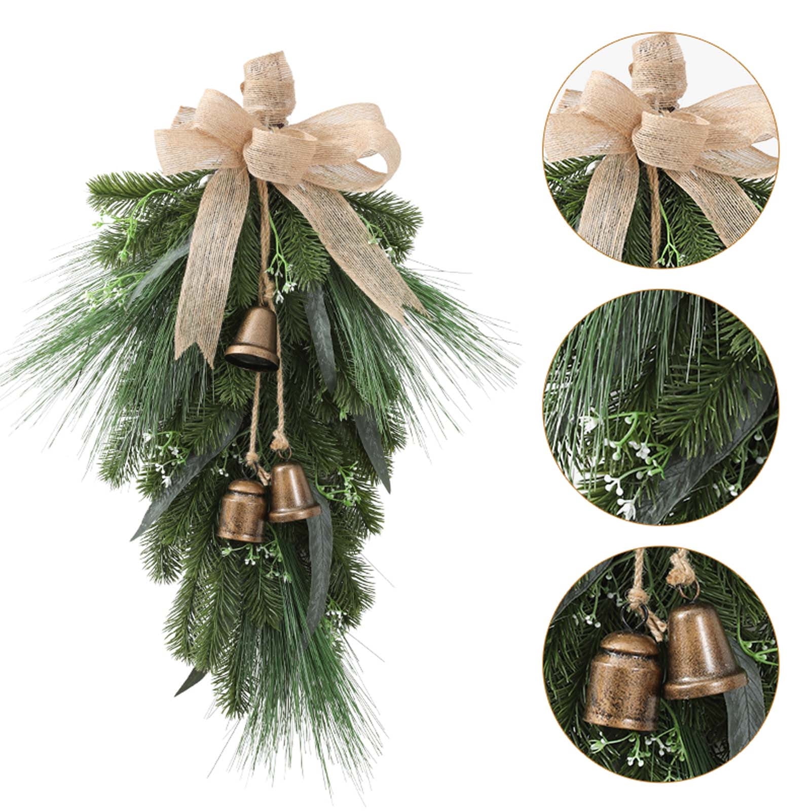HomeKingdee Christmas Texture Material Linen Bow Bells Wreath - Front ...