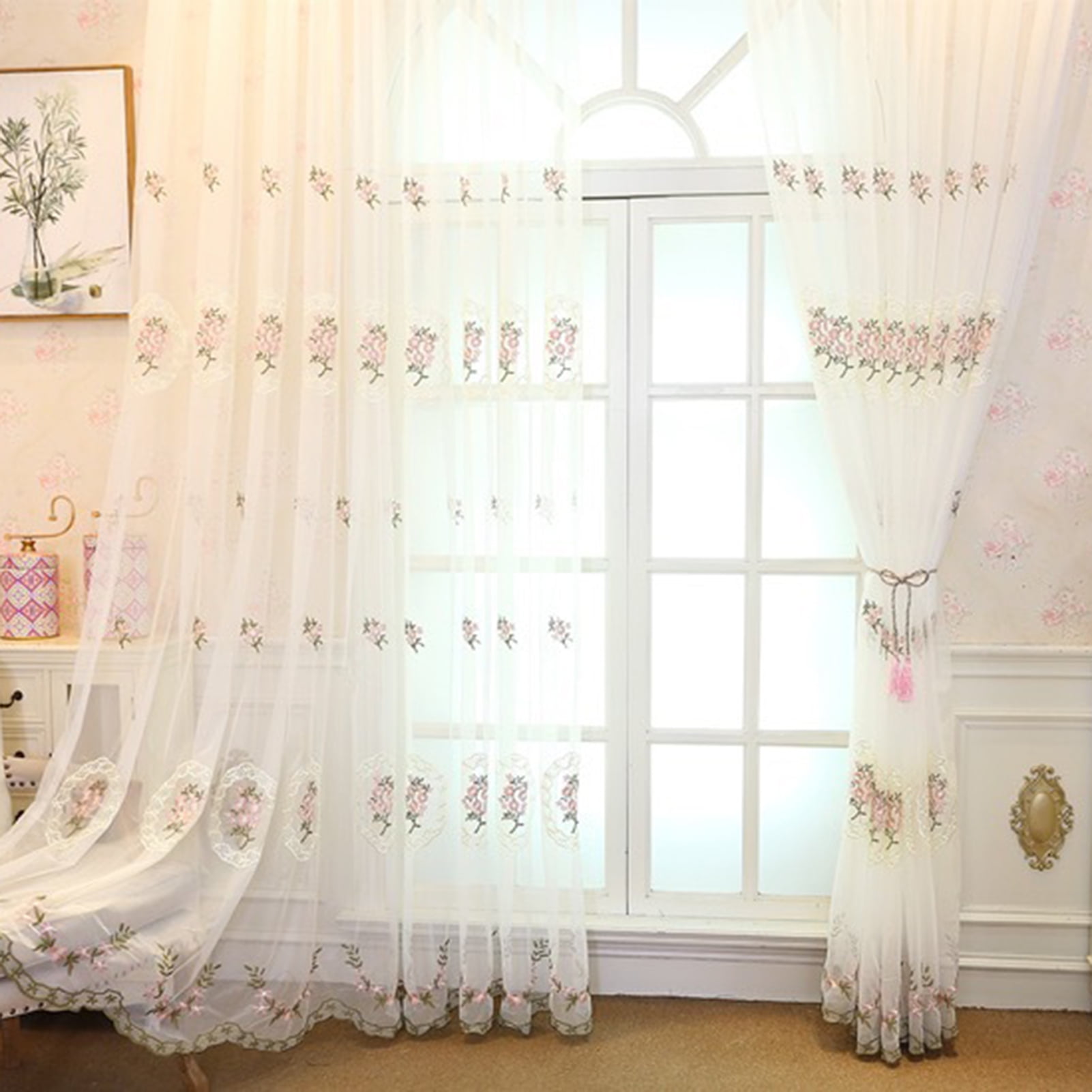 HomeLife 1 Pair Sheer Curtain Floral Embroiled Semi Transparent Window ...