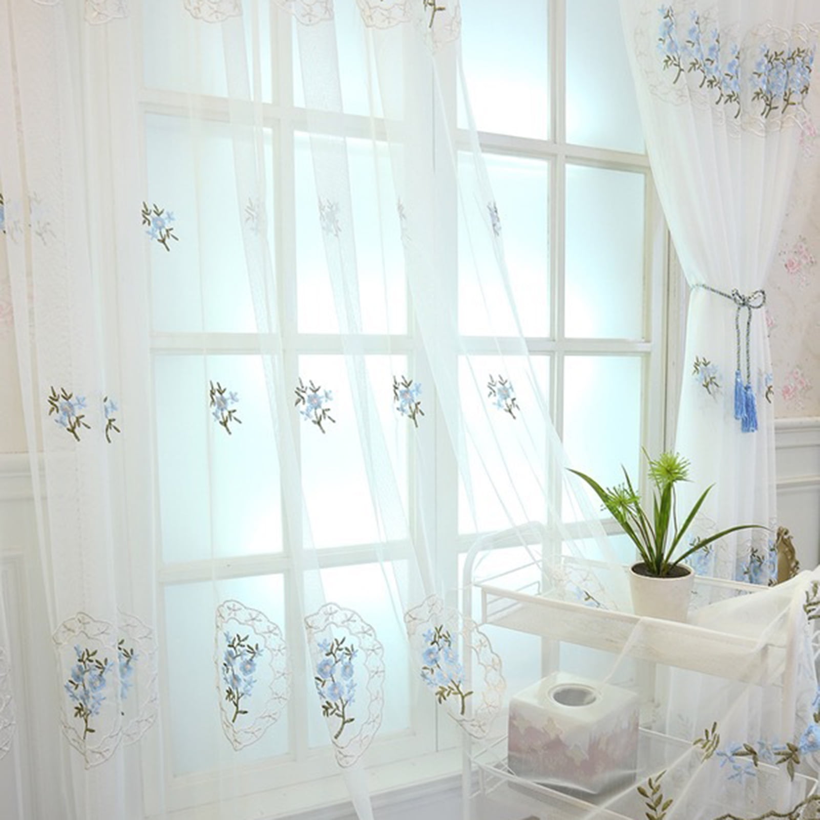 HomeLife 1 Pair Sheer Curtain Floral Embroiled Semi Transparent Window ...