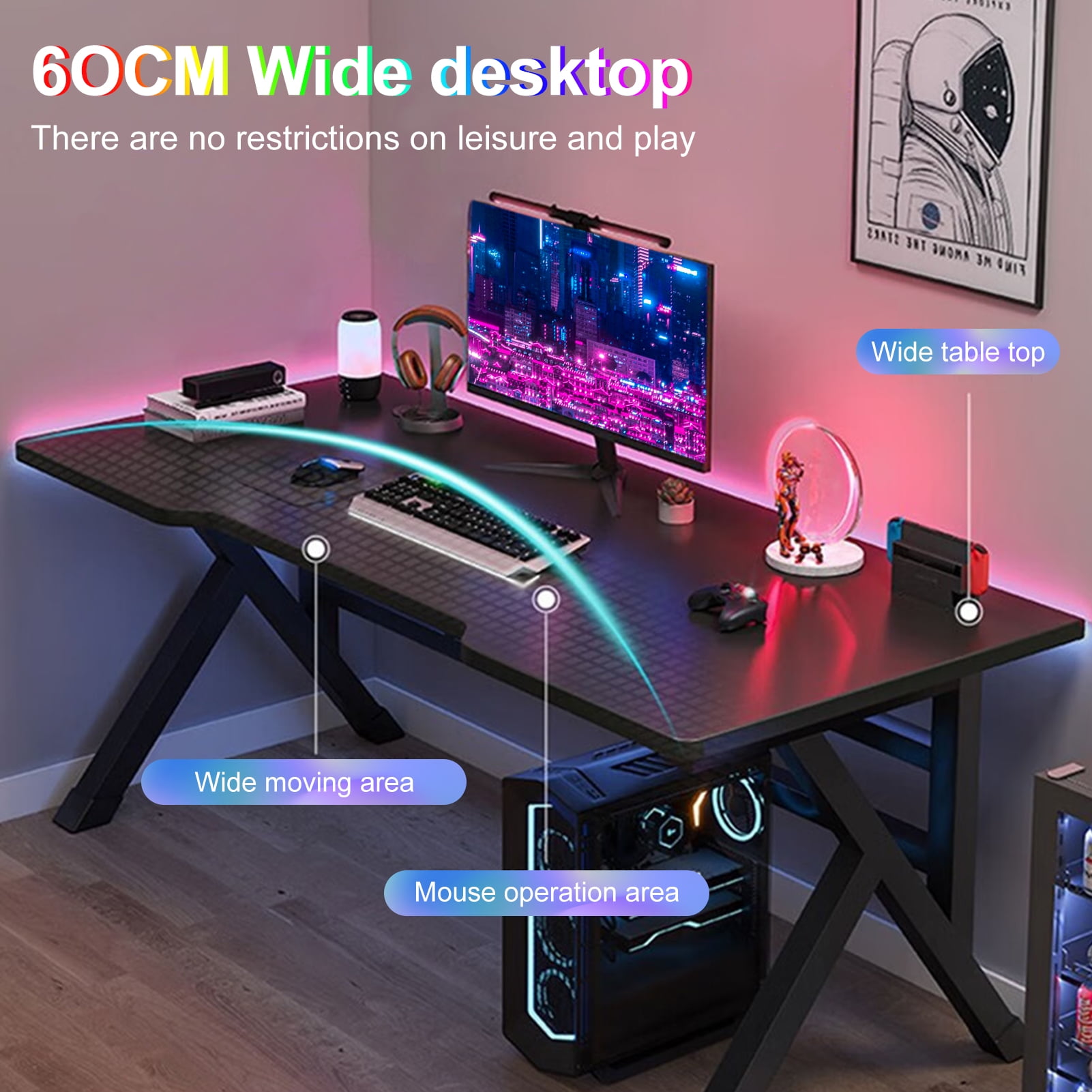 HomeLife Gaming Desk, Ergonomic Computer Game Table with X-shaped Steel ...