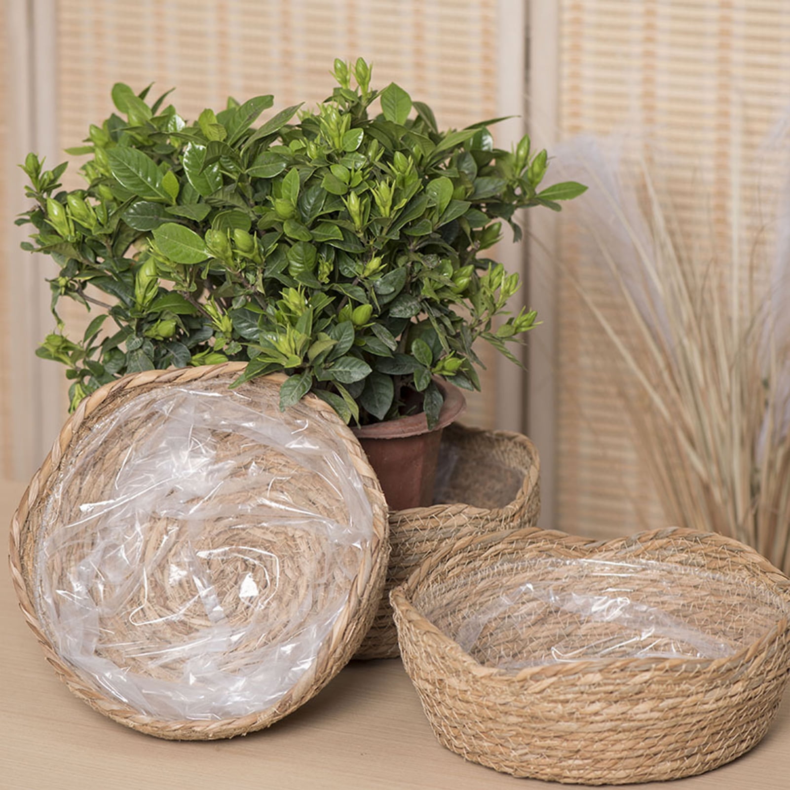 HomeLife Handmade Woven Countryside Flower Pots, Grass Woven Plants Pot ...