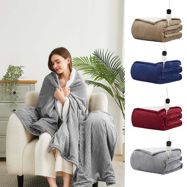 HomeMate Electric Heated Throw, Flannel & Sherpa, 5 Heat Settings, 4Hr ...