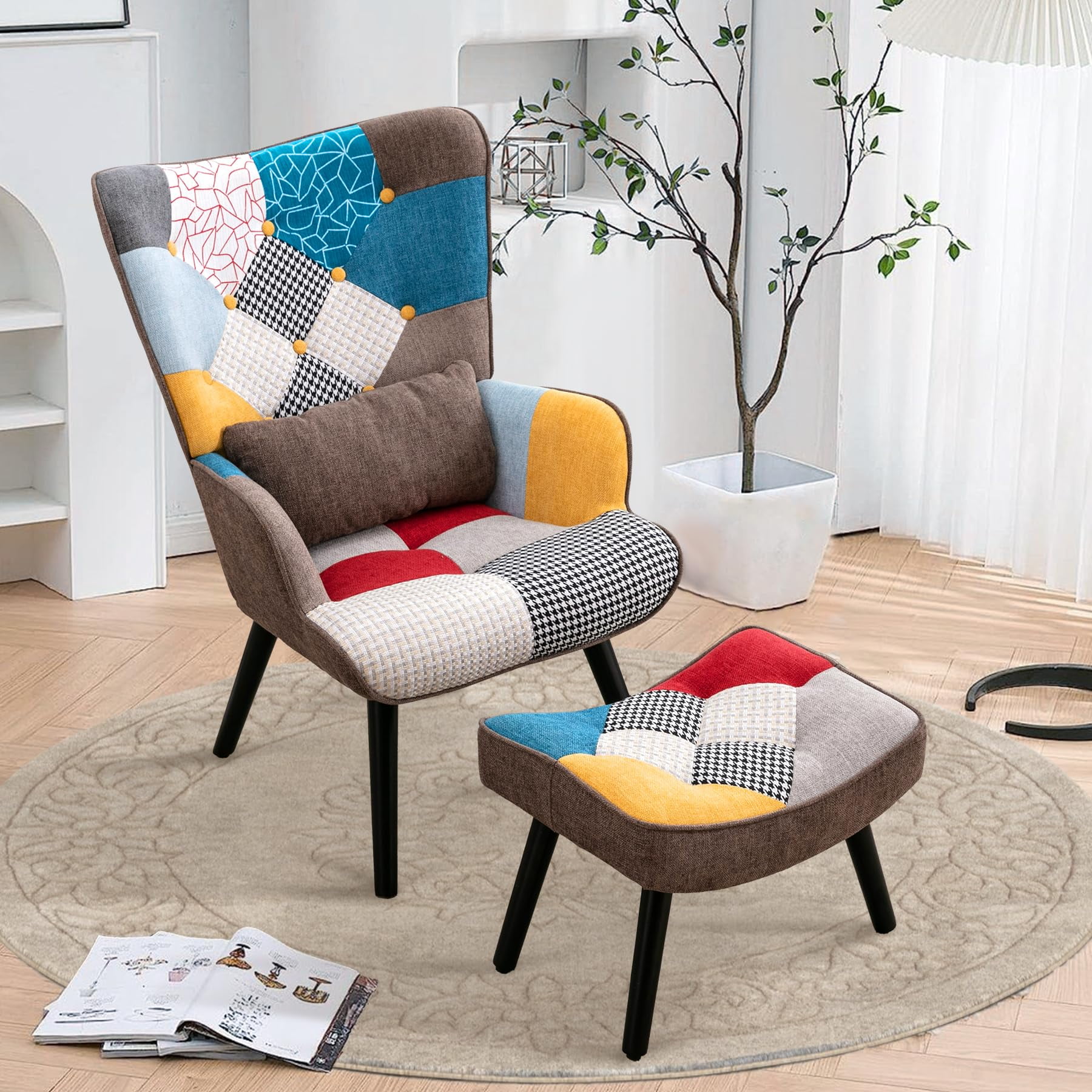 HomeMiYN Accent Patchwork Chair with Ottoman Set Fabric High Wingback ...