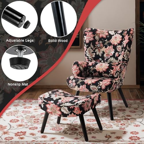 HomeMiYN Floral Accent Chair with Ottoman & Lumbar Pillow, High ...