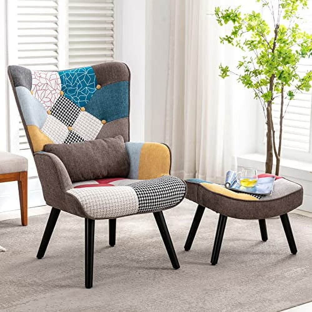 HomeMiYN Patchwork Accent Chair with Ottoman, Modern Colorful Reading ...