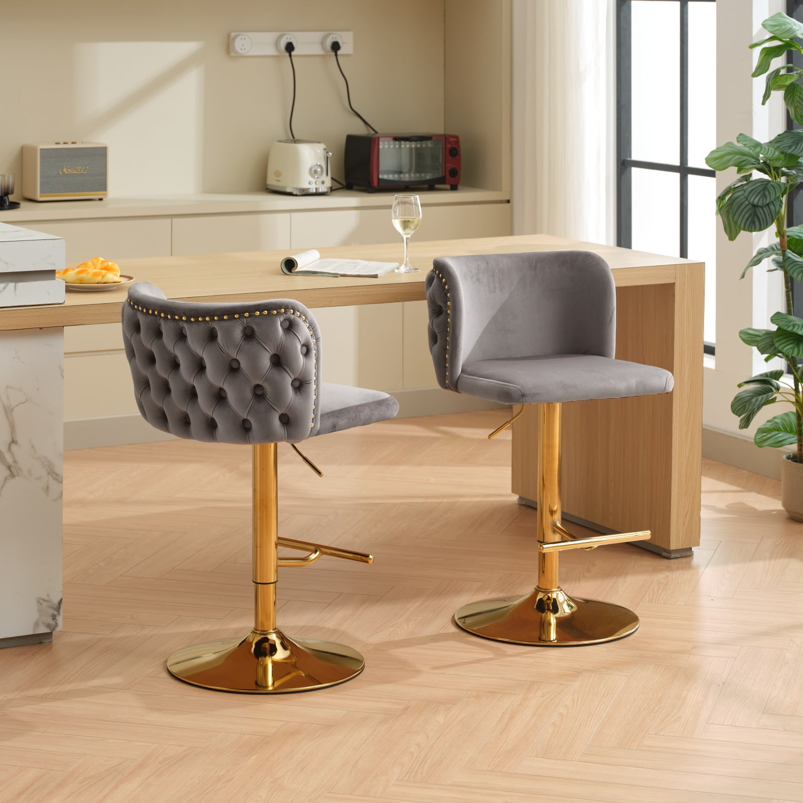 HomePerch Set of 2 Faux Leather Swivel Bar Stools with Adjustable ...