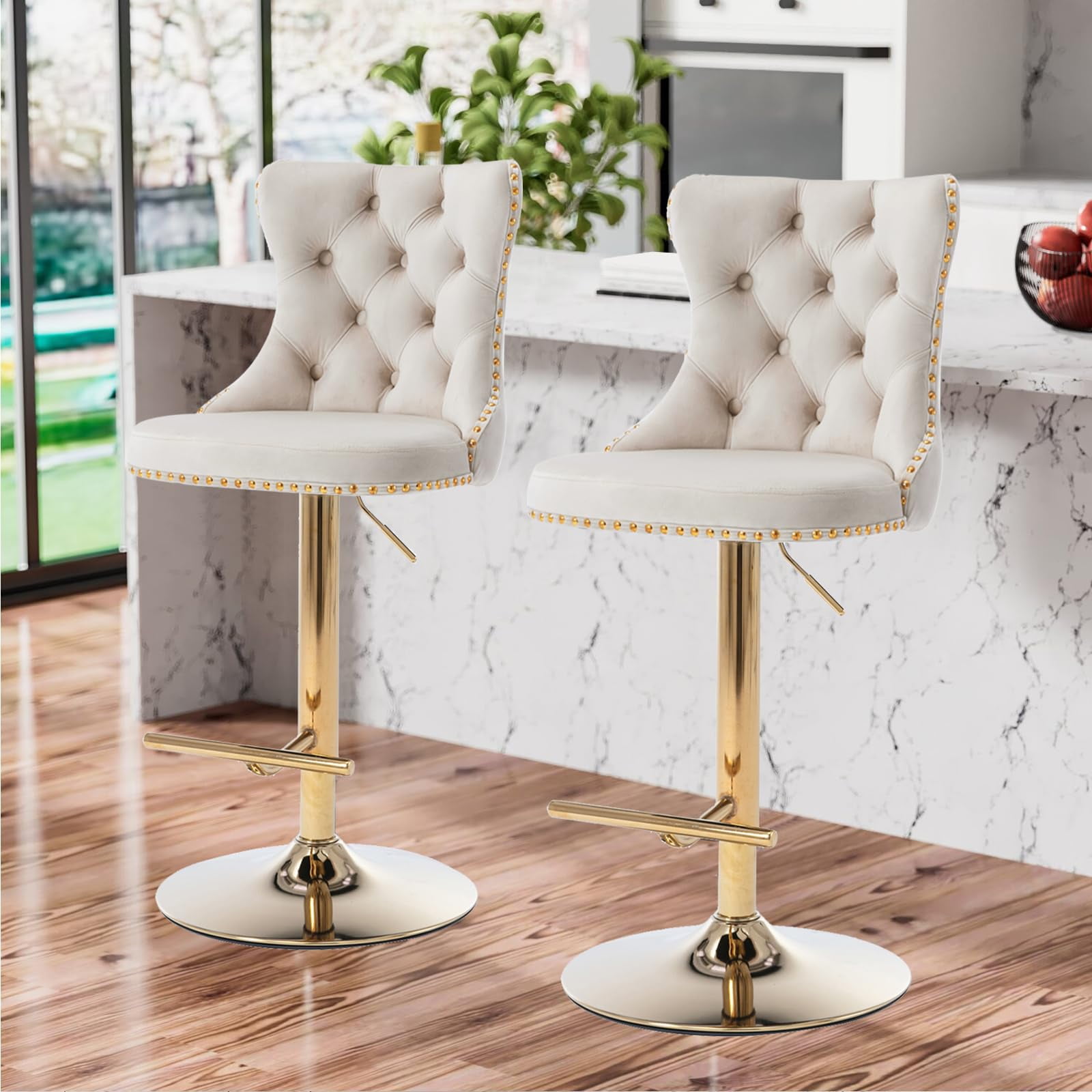 HomePerch Set of 2 Swivel Velvet Bar Stools with Backrest, Adjustable ...