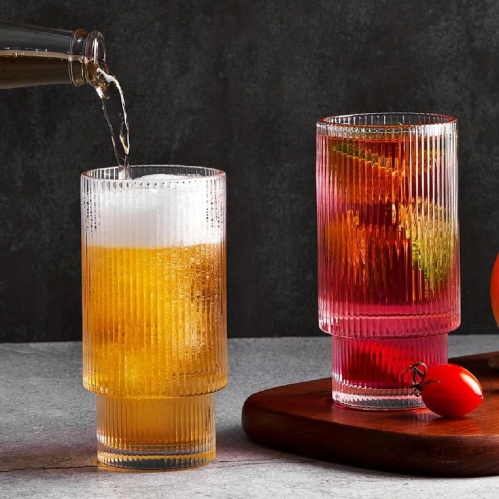HomePrism 300ml Ribbed Shape Drinking Glass Highball Glasses Premium ...