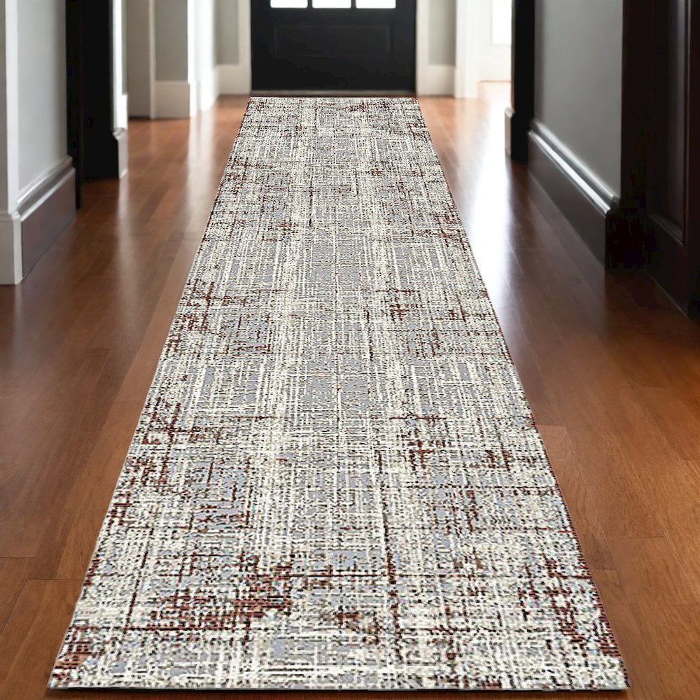 HomeRoots 10' Gray And Red Abstract Power Loom Runner Rug - Walmart.com