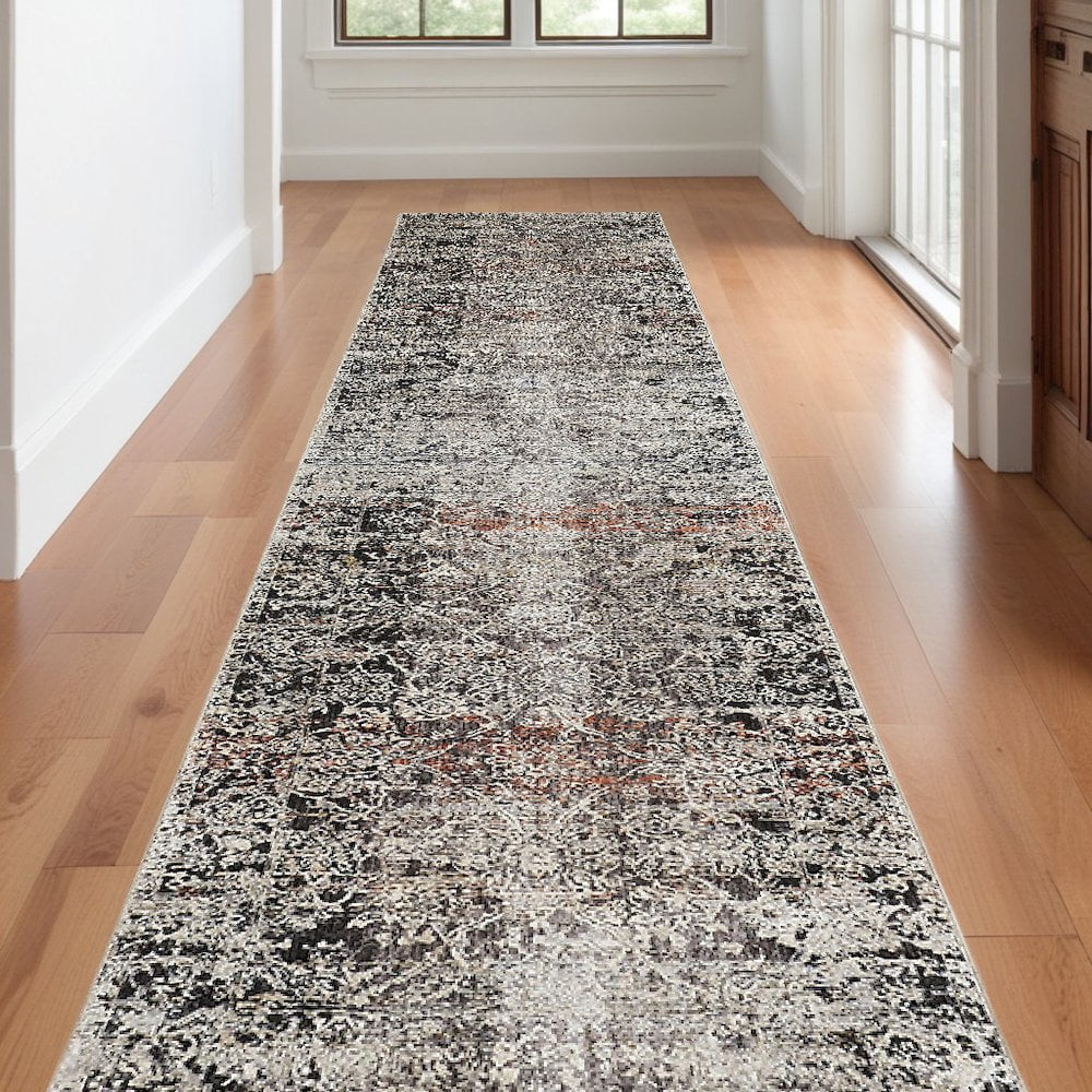 HomeRoots 10' Gray Black And Red Oriental Power Loom Distressed Runner ...