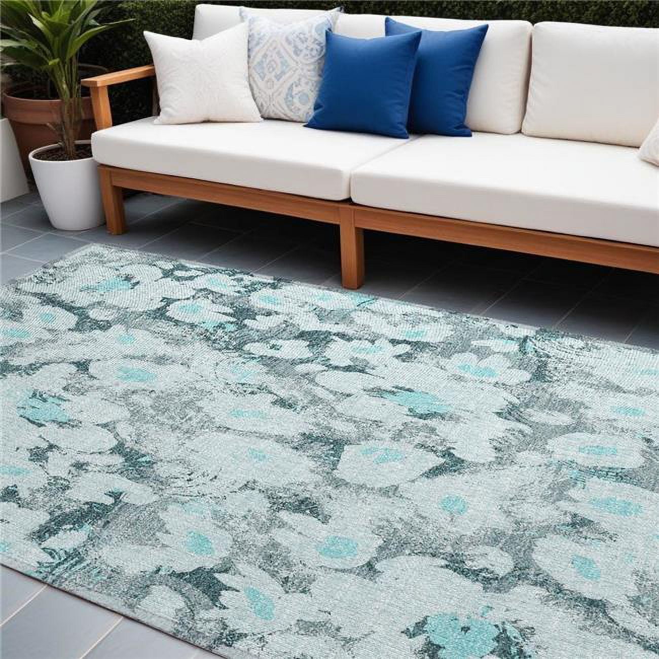 HomeRoots 561740 10 x 14 ft. Teal Floral Washable Non Skid Indoor ...